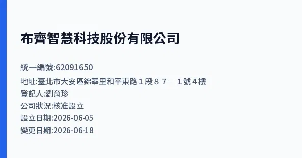 布齊智慧科技股份有限公司的照片-統編 62091650(臺北市) 公司登記資料與營業項目詳細圖表