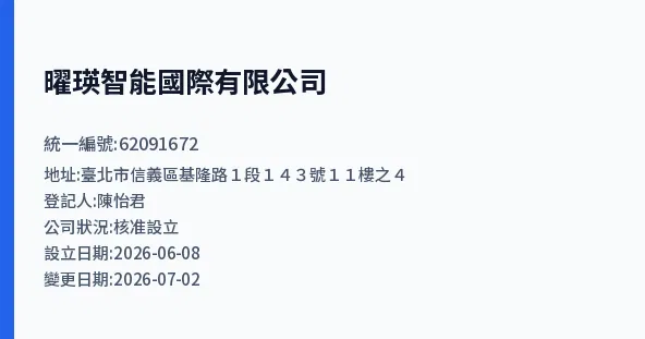 曜瑛智能國際有限公司的照片-統編 62091672(臺北市) 公司登記資料與營業項目詳細圖表