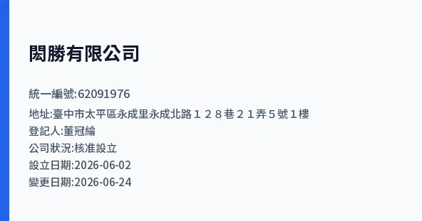 閎勝有限公司的照片-統編 62091976(臺中市) 公司登記資料與營業項目詳細圖表
