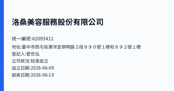 洛桑美容服務股份有限公司的照片-統編 62093411(臺中市) 公司登記資料與營業項目詳細圖表