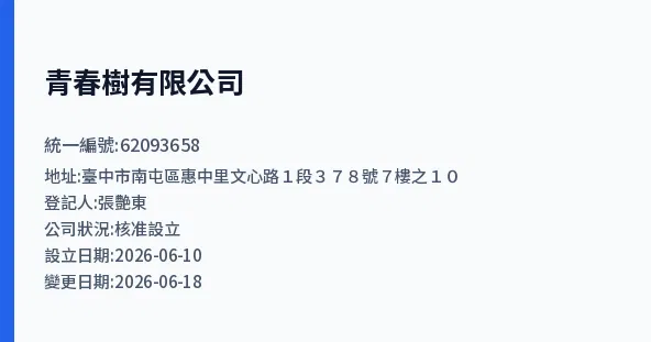 青春樹有限公司的照片-統編 62093658(臺中市) 公司登記資料與營業項目詳細圖表