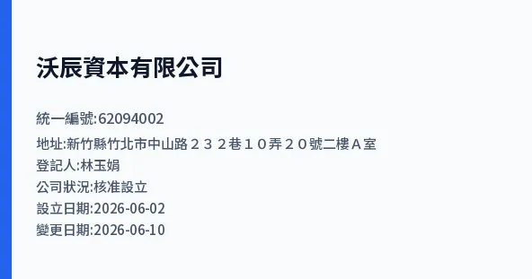 沃辰資本有限公司的照片-統編 62094002(新竹縣) 公司登記資料與營業項目詳細圖表