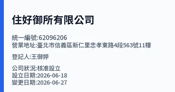 住好御所有限公司的照片-統編 62096206(臺北市) 公司登記資料與營業項目詳細圖表