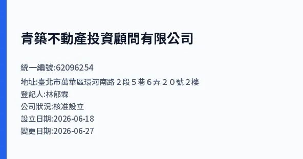 青築不動產投資顧問有限公司的照片-統編 62096254(臺北市) 公司登記資料與營業項目詳細圖表