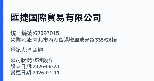 匯捷國際貿易有限公司的照片-統編 62097015(臺北市) 公司登記資料與營業項目詳細圖表