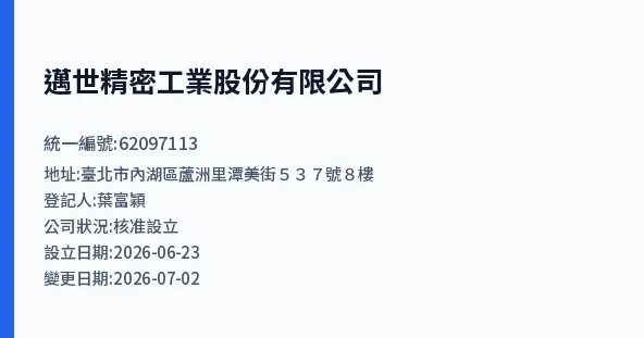 邁世精密工業股份有限公司的照片-統編 62097113(臺北市) 公司登記資料與營業項目詳細圖表