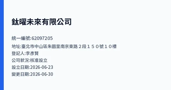 鈦曜未來有限公司的照片-統編 62097205(臺北市) 公司登記資料與營業項目詳細圖表