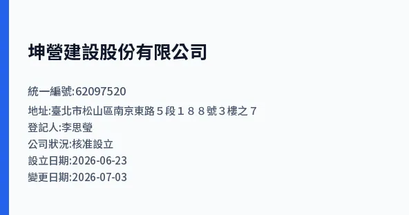 坤營建設股份有限公司的照片-統編 62097520(臺北市) 公司登記資料與營業項目詳細圖表