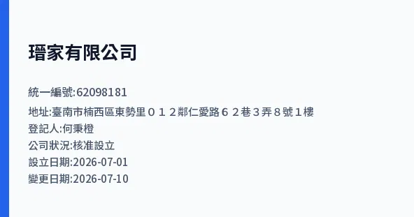 瑨家有限公司的照片-統編 62098181(臺南市) 公司登記資料與營業項目詳細圖表