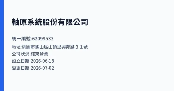 軸原系統股份有限公司的照片-統編 62099533(桃園市) 公司登記資料與營業項目詳細圖表