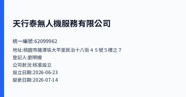 天行泰無人機服務有限公司的照片-統編 62099962(桃園市) 公司登記資料與營業項目詳細圖表