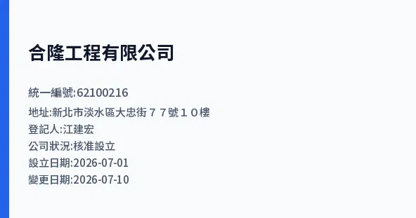 合隆工程有限公司的照片-統編 62100216(新北市) 公司登記資料與營業項目詳細圖表