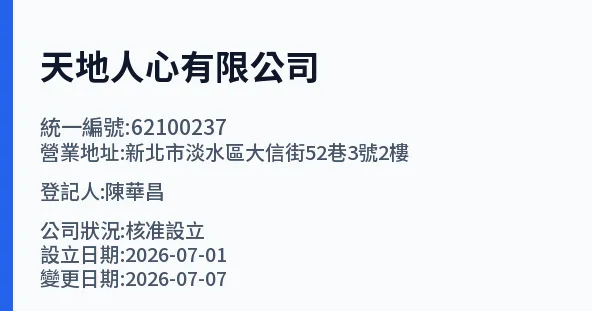 天地人心有限公司的照片-統編 62100237(新北市) 公司登記資料與營業項目詳細圖表