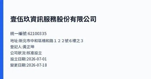 壹伍玖資訊服務股份有限公司的照片-統編 62100335(新北市) 公司登記資料與營業項目詳細圖表
