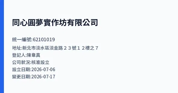同心圓夢實作坊有限公司的照片-統編 62101019(新北市) 公司登記資料與營業項目詳細圖表