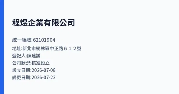 程煜企業有限公司的照片-統編 62101904(新北市) 公司登記資料與營業項目詳細圖表