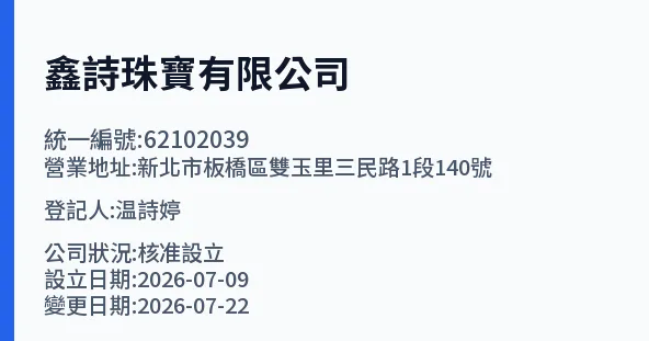 鑫詩珠寶有限公司的照片-統編 62102039(新北市) 公司登記資料與營業項目詳細圖表