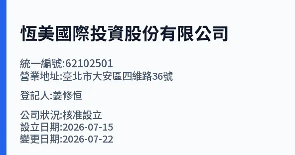 恆美國際投資股份有限公司的照片-統編 62102501(臺北市) 公司登記資料與營業項目詳細圖表