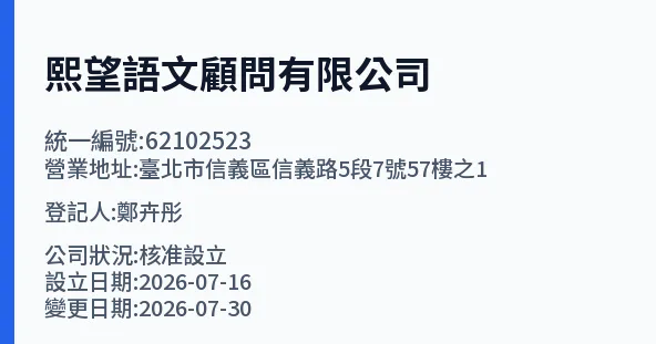 熙望語文顧問有限公司的照片-統編 62102523(臺北市) 公司登記資料與營業項目詳細圖表
