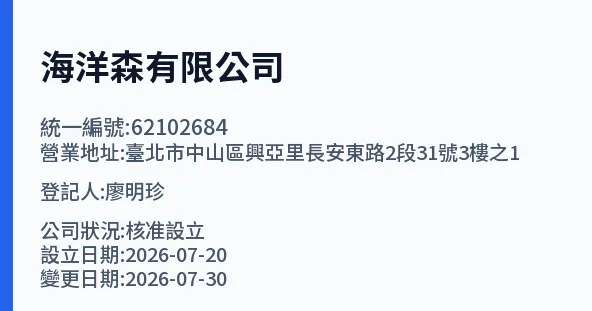海洋森有限公司的照片-統編 62102684(臺北市) 公司登記資料與營業項目詳細圖表