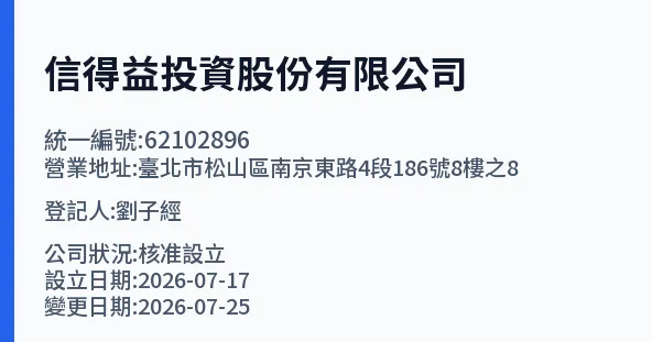 信得益投資股份有限公司的照片-統編 62102896(臺北市) 公司登記資料與營業項目詳細圖表