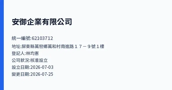 安御企業有限公司的照片-統編 62103712(屏東縣) 公司登記資料與營業項目詳細圖表