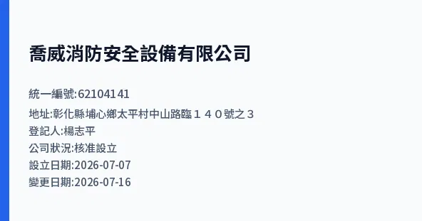 喬威消防安全設備有限公司的照片-統編 62104141(彰化縣) 公司登記資料與營業項目詳細圖表