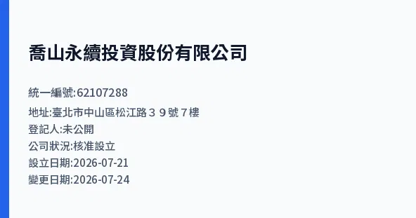 喬山永續投資股份有限公司的照片-統編 62107288(臺北市) 公司登記資料與營業項目詳細圖表