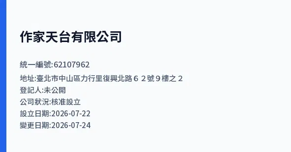 作家天台有限公司的照片-統編 62107962(臺北市) 公司登記資料與營業項目詳細圖表