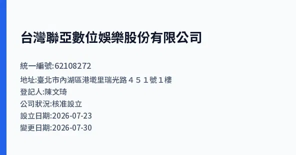台灣聯亞數位娛樂股份有限公司的照片-統編 62108272(臺北市) 公司登記資料與營業項目詳細圖表