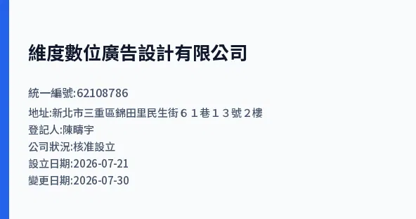 維度數位廣告設計有限公司的照片-統編 62108786(新北市) 公司登記資料與營業項目詳細圖表