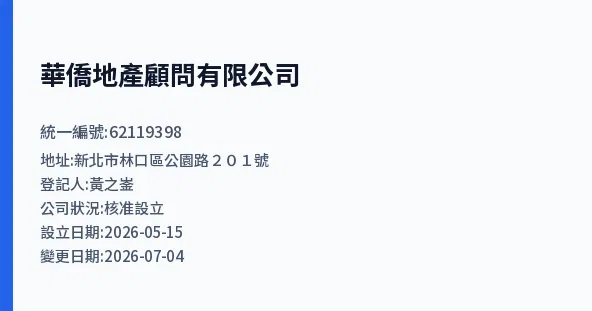 華僑地產顧問有限公司的照片-統編 62119398(新北市) 公司登記資料與營業項目詳細圖表