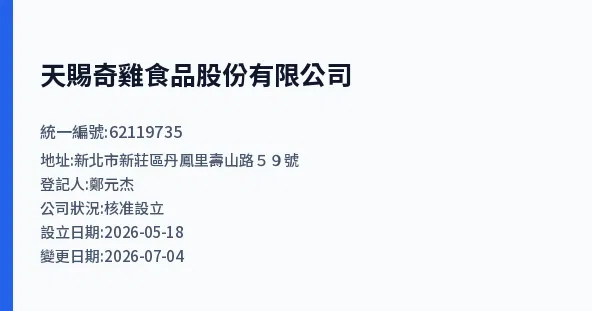 天賜奇雞食品股份有限公司的照片-統編 62119735(新北市) 公司登記資料與營業項目詳細圖表