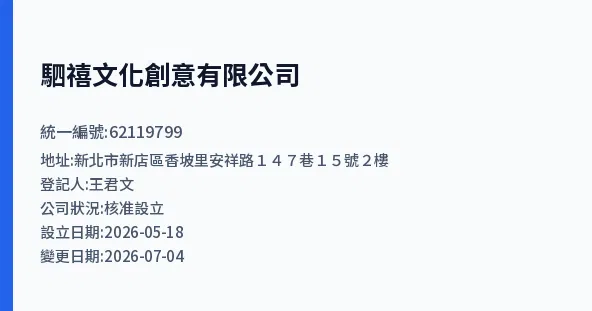 駟禧文化創意有限公司的照片-統編 62119799(新北市) 公司登記資料與營業項目詳細圖表