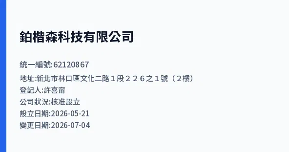 鉑楷森科技有限公司的照片-統編 62120867(新北市) 公司登記資料與營業項目詳細圖表