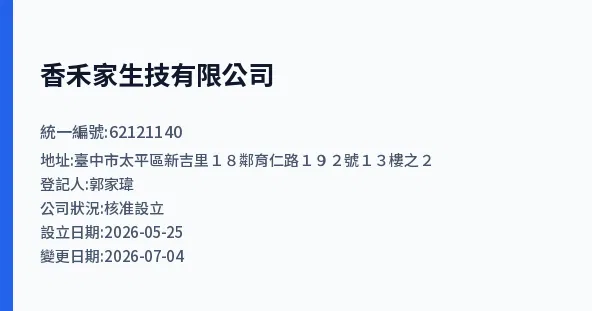 香禾家生技有限公司的照片-統編 62121140 公司登記資料與營業項目詳細圖表