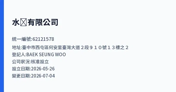 水畵有限公司的照片-統編 62121578(臺中市) 公司登記資料與營業項目詳細圖表
