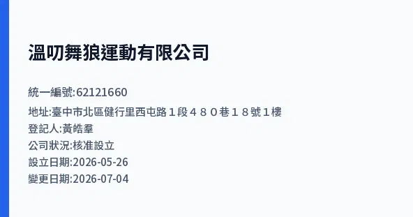 溫叨舞狼運動有限公司的照片-統編 62121660(臺中市) 公司登記資料與營業項目詳細圖表