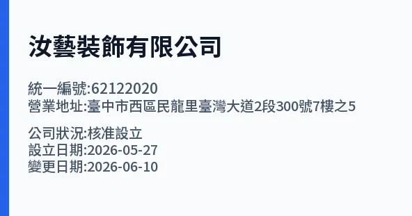 汝藝裝飾有限公司的照片-統編 62122020(臺中市) 公司登記資料與營業項目詳細圖表