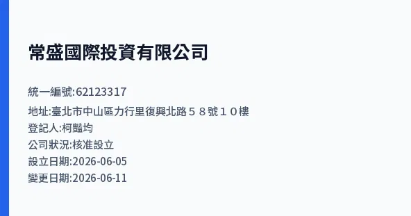 常盛國際投資有限公司的照片-統編 62123317(臺北市) 公司登記資料與營業項目詳細圖表