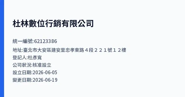 杜林數位行銷有限公司的照片-統編 62123386(臺北市) 公司登記資料與營業項目詳細圖表