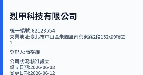 烈甲科技有限公司的照片-統編 62123554(臺北市) 公司登記資料與營業項目詳細圖表