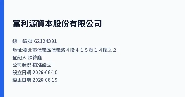 富利源資本股份有限公司的照片-統編 62124391(臺北市) 公司登記資料與營業項目詳細圖表