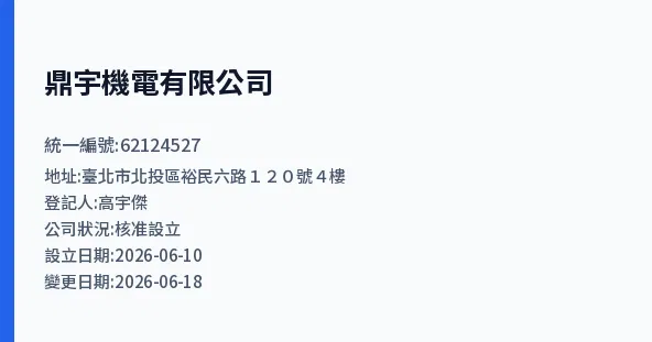 鼎宇機電有限公司的照片-統編 62124527(臺北市) 公司登記資料與營業項目詳細圖表