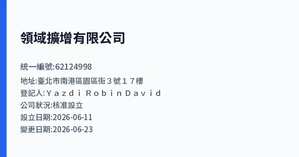 領域擴增有限公司的照片-統編 62124998(臺北市) 公司登記資料與營業項目詳細圖表