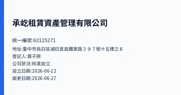 承屹租賃資產管理有限公司的照片-統編 62125271(臺中市) 公司登記資料與營業項目詳細圖表
