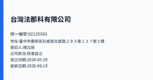 台灣法那科有限公司的照片-統編 62125363(臺中市) 公司登記資料與營業項目詳細圖表