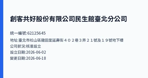 創客共好股份有限公司民生館臺北分公司的照片-統編 62125645(臺北市) 公司登記資料與營業項目詳細圖表