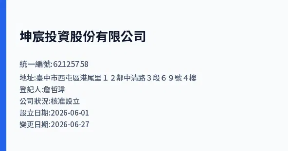 坤宸投資股份有限公司的照片-統編 62125758(臺中市) 公司登記資料與營業項目詳細圖表