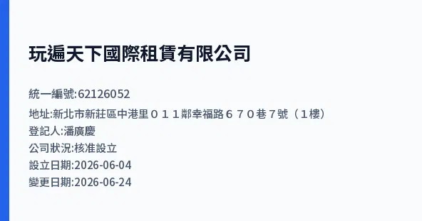 玩遍天下國際租賃有限公司的照片-統編 62126052(新北市) 公司登記資料與營業項目詳細圖表